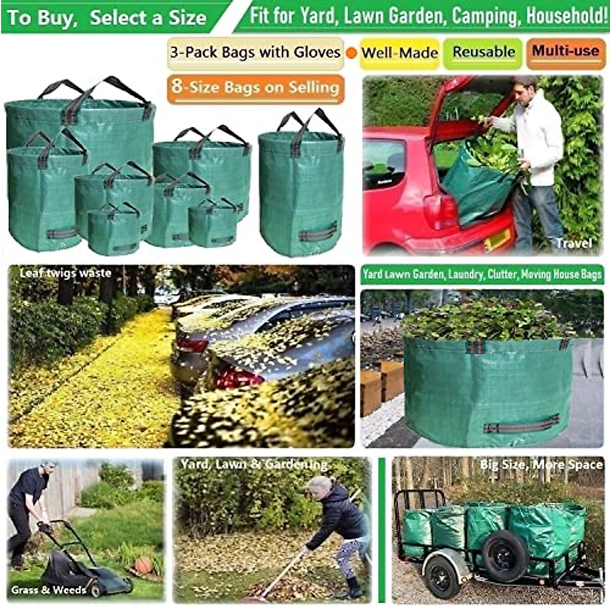 Professional 3-Pack 106 Gallons Lawn Garden Bags (D31, H31 inches) Reusable Yard Leaf Waste Bags with Coated Gardening Gloves - Storage Bag,Patio Bag,Laundry Container,Trash Can with 4 Handles