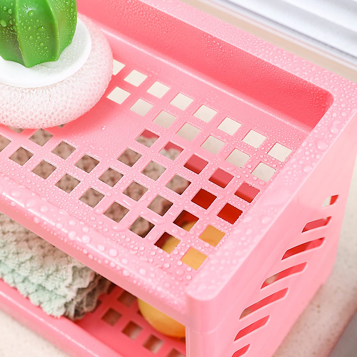 XINGWANG Double-Layer Desktop Storage Rack, Foldable Office Stationery Storage Rack,Kitchen Seasoning Storage Rack, Bathroom Cosmetic Storage Rack (Pink, 2-Layer)