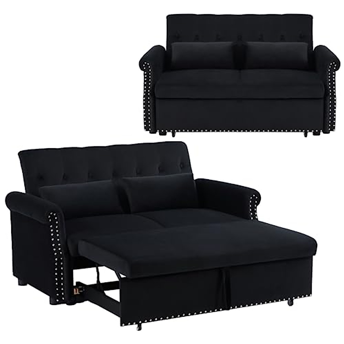 55"Convertible Loveseat Sofa Couch with Pull-Out Sleeper,3-in-1 Modern Love seat Couch Bed with Adjustable Backrest and 2 Pillows,Velvet 2 Seater Couch Bed for Small Spaces Living Room(Black)