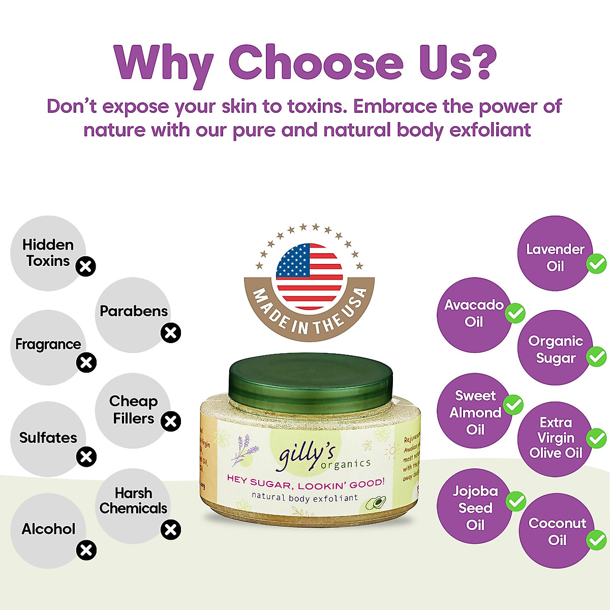 Gilly's Organics Sugar Scrub – Natural Scrubs with Lavender, Coconut, Avocado, Sweet Almond Oil – Gentle Exfoliating and Deeply Hydrating Body Scrub for Women and Men – 8oz Organic Sugar Scrub