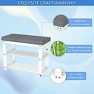 Domax White Shoe Rack Bench for Entryway - Bench with Shoe Storage Front Door Shoe Bench with Cushion Upholstered Padded Seat 3 Tier Bamboo Shoe Holder for Indoor Entrance Hallway Bedroom Living Room