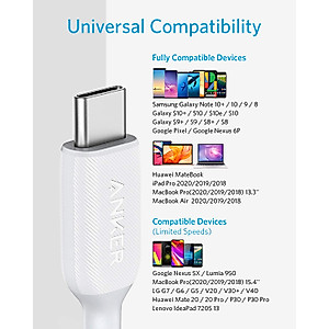 Anker USB C Cable, Powerline III USB-C to USB-C Cable 2.0(60W 10ft), USB C Fast Charging Cable for MacBook Pro 2020, iPad Pro 2020, Switch, Samsung Galaxy S20 Plus S9 S8 Plus, Pixel, and More (White)