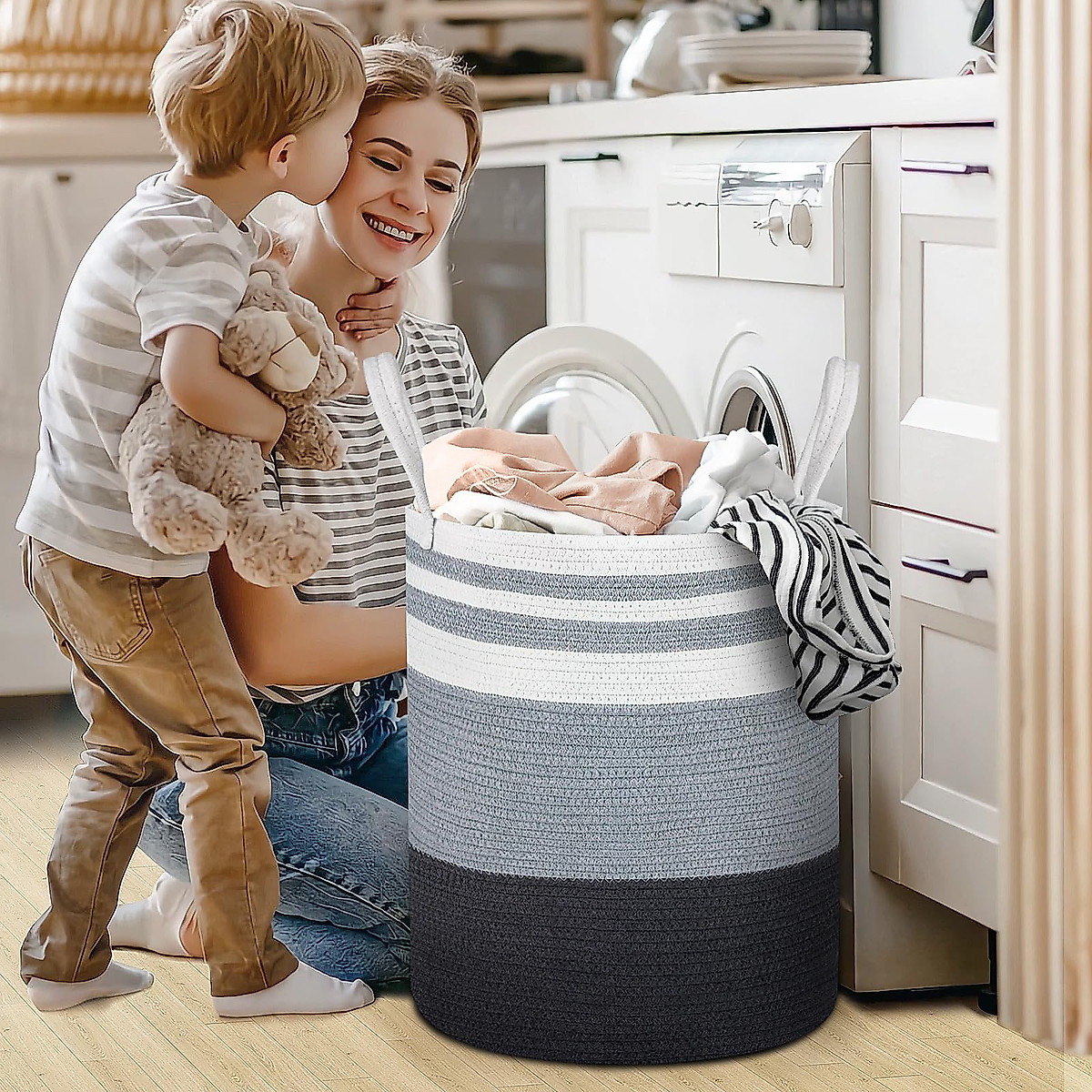 WOWBOX Cotton Rope Laundry Hamper, Large Laundry Basket, Dirty Clothes Storage Basket Laundry Bin for Blanket, Bedroom, Dorm, Towels, Toys (Grey, 58L)