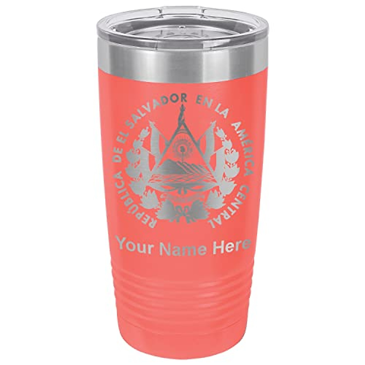 LaserGram 20oz Vacuum Insulated Tumbler Mug, Flag of El Salvador, Personalized Engraving Included (Coral)