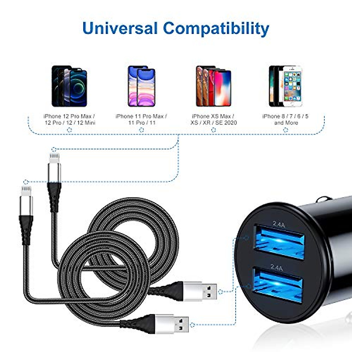 iPhone Car Charger Apple MFI Certified, Fast Charging for iPhone 13/12/11 Pro/XS/X/8 Plus/7/6/SE/iPad, Dual Port Fast USB Car Charger Adapter Cigarette Lighter with 2Pack iPhone Charging Cable Cord