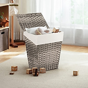 Giantex Laundry Hamper with Lid, Foldable Laundry Basket w/Removable Liner Bag, Handwoven Rattan Clothes Hamper w/Handles Anti-skid Pads for Living Room Laundry (Gray)