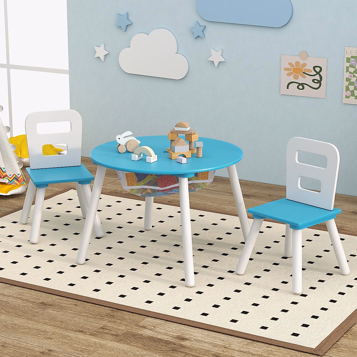 Costzon Kids Table and Chair Set, Wood Activity Table w/Center Mesh Storage, Children Furniture Gift for Boys & Girls, Ideal for Arts, Crafts, Snack Time, Homework, Toddler Table and Chair Set, Blue