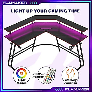 Flamaker Gaming Desk with LED Lights & Power Outlets, L-Shaped Computer Corner Desk with Carbon Fiber Surface & Monitor Stand, Ergonomic Gamer Table with Cup Holder, Headphone Hook, Black