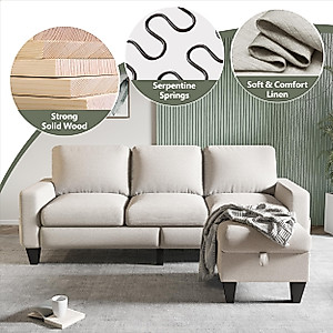 Convertible Sectional Sofa Couch, 78 inch Beige Couches for Living Room, Sectional Couch with Reversible Storage Ottoman, 3-Seat L-Shaped Couch for Living Room, Apartment, Office, Small Space
