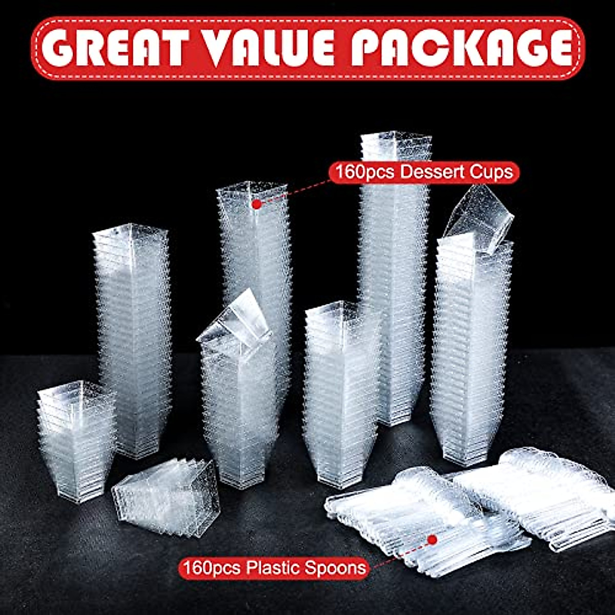 Meanplan 160 Pack 2oz Glitter Plastic Dessert Cups with Spoons 160 Disposable Square Plastic Dessert Cups and 160 Glitter Spoons for Party Dessert Appetizers (Silver)