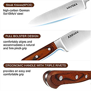 Knife Set, VAVSEA 16 PCS Kitchen Knife Set with Block Stainless Steel Professional Chef Knife Sets with 6 Pieces Steak Knives, Bread Knife, Sharpener Rod, Scissors, Ultra Sharp