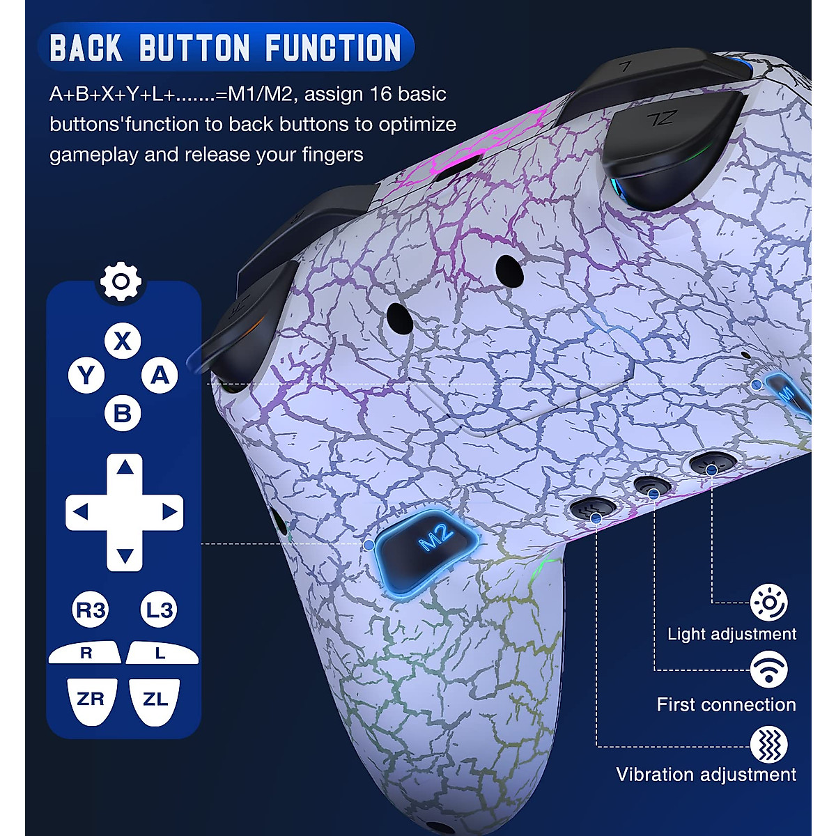 Switch Controller, Gammeefy Wireless Switch Pro Controller for Nintendo Switch/Lite/OLED, 9 Color Adjustable LED Switch Remote Compatible with Windows PC/Android/IOS/Xbox 360 with Programmable (White)