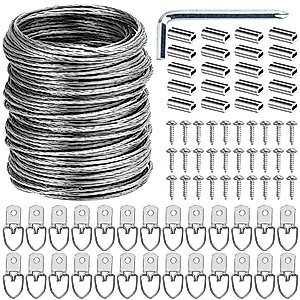 Ouskr 100 Pcs Picture Hanging Wire Kit, 100 Feet Heavy Duty Wire Picture Hanging for Photo Mirror Frame Artwork, Included D Ring Picture Hangers, Screws, Aluminum Sleeves, Screwdriver, up to 30lbs