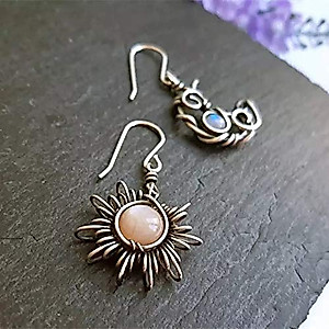 Boho Opal Sun and Moon Drop Dangle Earrings Moonstone Natural Stone Hook Bohemian for Women Asymmetrical Antiqued Silver Celestial Jewelry-Opal Red