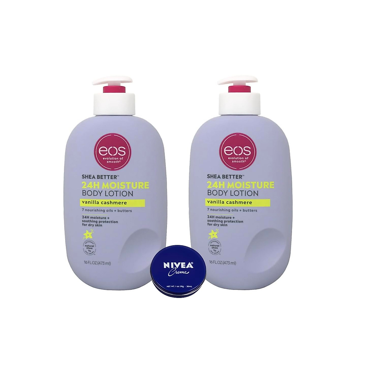 EOS Shea Better 24 Moisture Body Lotion. Vanilla Cashmere. 16 fl oz. ( Pack of 2) Travel Size Body Cream 1 Oz., 3 Piece Set