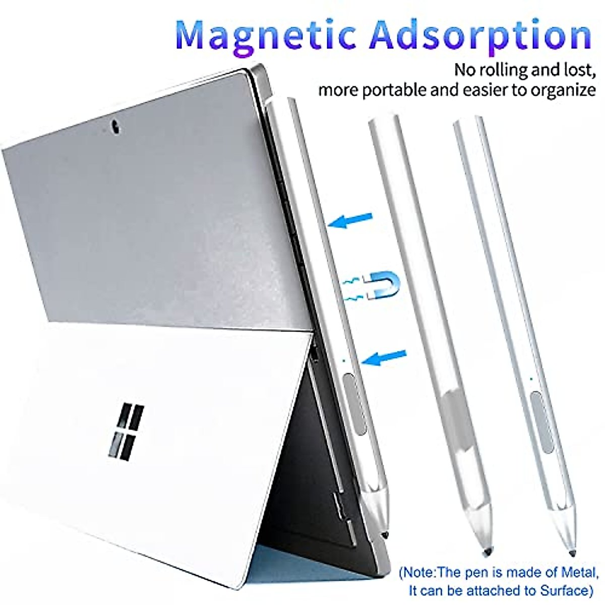 Stylus Pen for Microsoft Surface Pro9/8/7/6/5/4/3/X Surface Laptop/Book/Studio Surface 3/Go/Go2/Go3, 4096 Pressure Sensitivity, Pen for Surface with Magnetic Adsorption, Palm Rejection (Sliver)