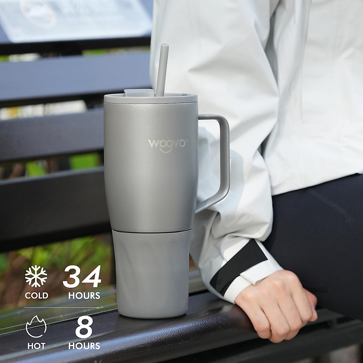 WOOVO 30 oz Tumbler with Handle and Straw - Insulated Double Wall Stainless Steel Water Bottle with SIlicone Boot - BPA Free Water Tumbler with Lid - Dishwasher Safe Cups Stay Hot Cold - Grey