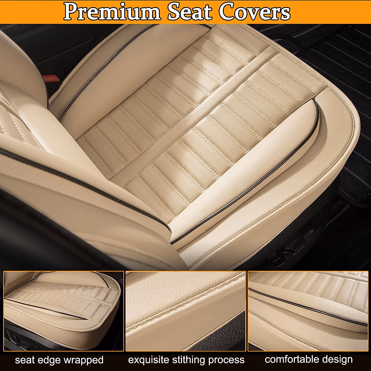 RAWAKORW Car Seat Covers Fit for Toyota Tacoma 2016-2023 Front Set Leather Seat Covers Set with Lumbar Support Premium Automotive Cushion Protector(2 Seat, Beige)