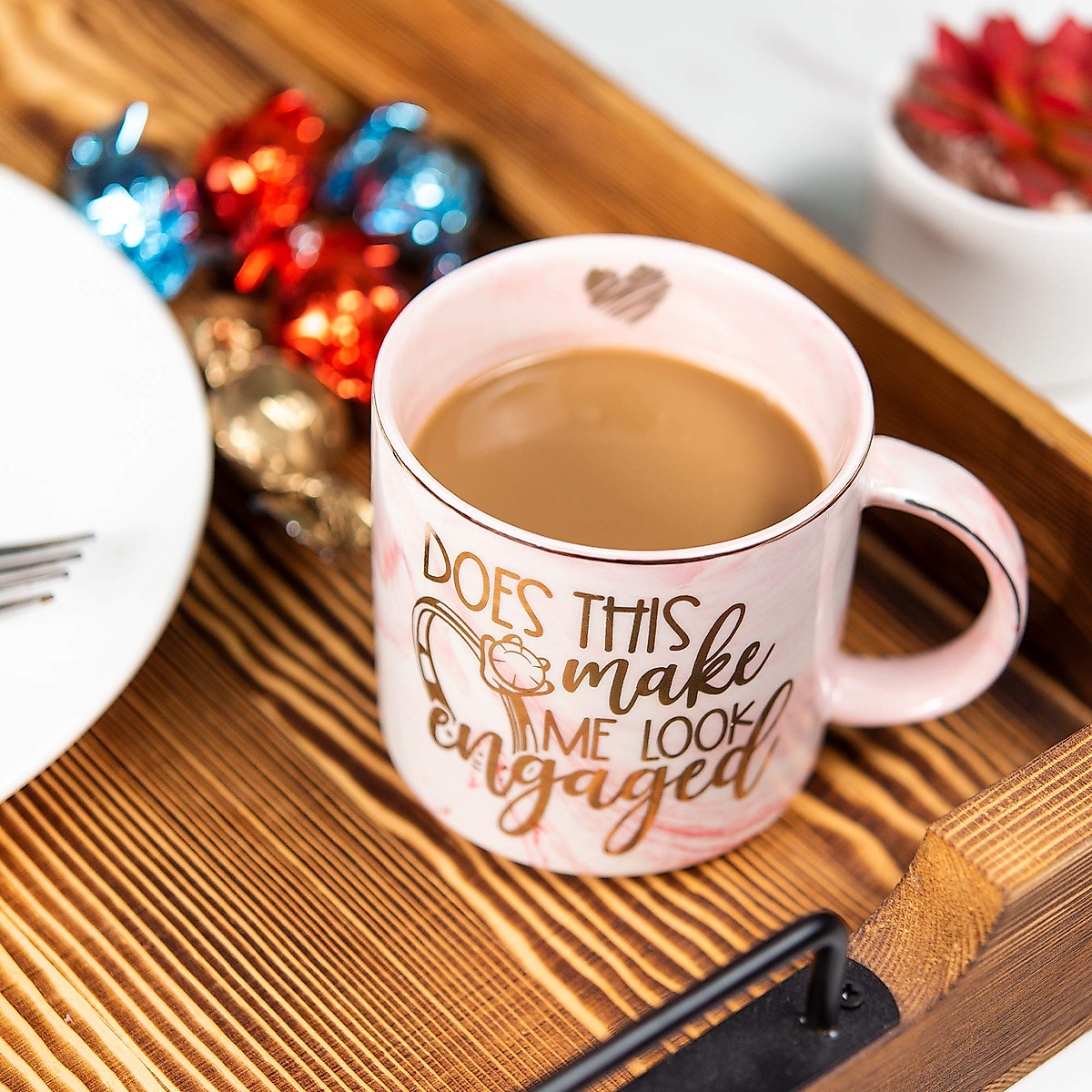 Engagement Gifts for Women - Funny Coffee Mug - Bride To Be Engaged Fiance Novelty Coffee Mugs Gift for Her - Does This Ring Make Me Look Engaged - 11.5oz Pink Marble Ceramic Cup