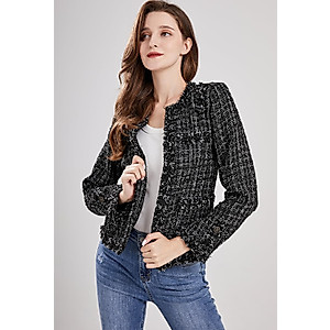 ebossy Women's Elegant Open Front Round Neck Fringed Plaid Tweed Jacket (Large, Black)