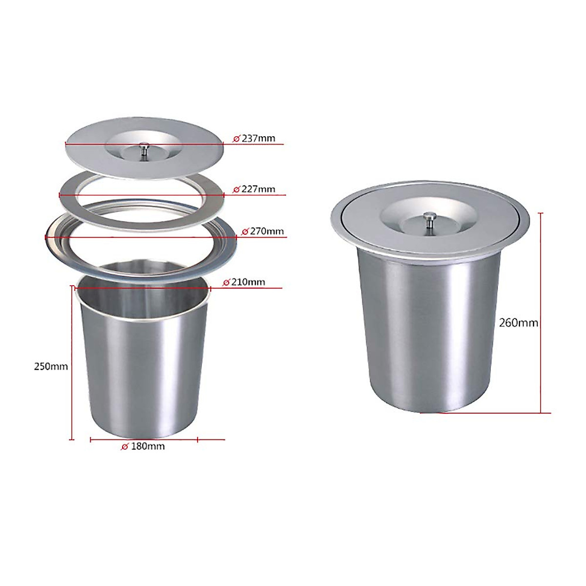 iDili 8L Kitchen Cabinet Countertop Built-in Stainless Steel Trash Can, Flush Recessed Dustbin Eco-Friendly Hidden Embedded Trash Bin