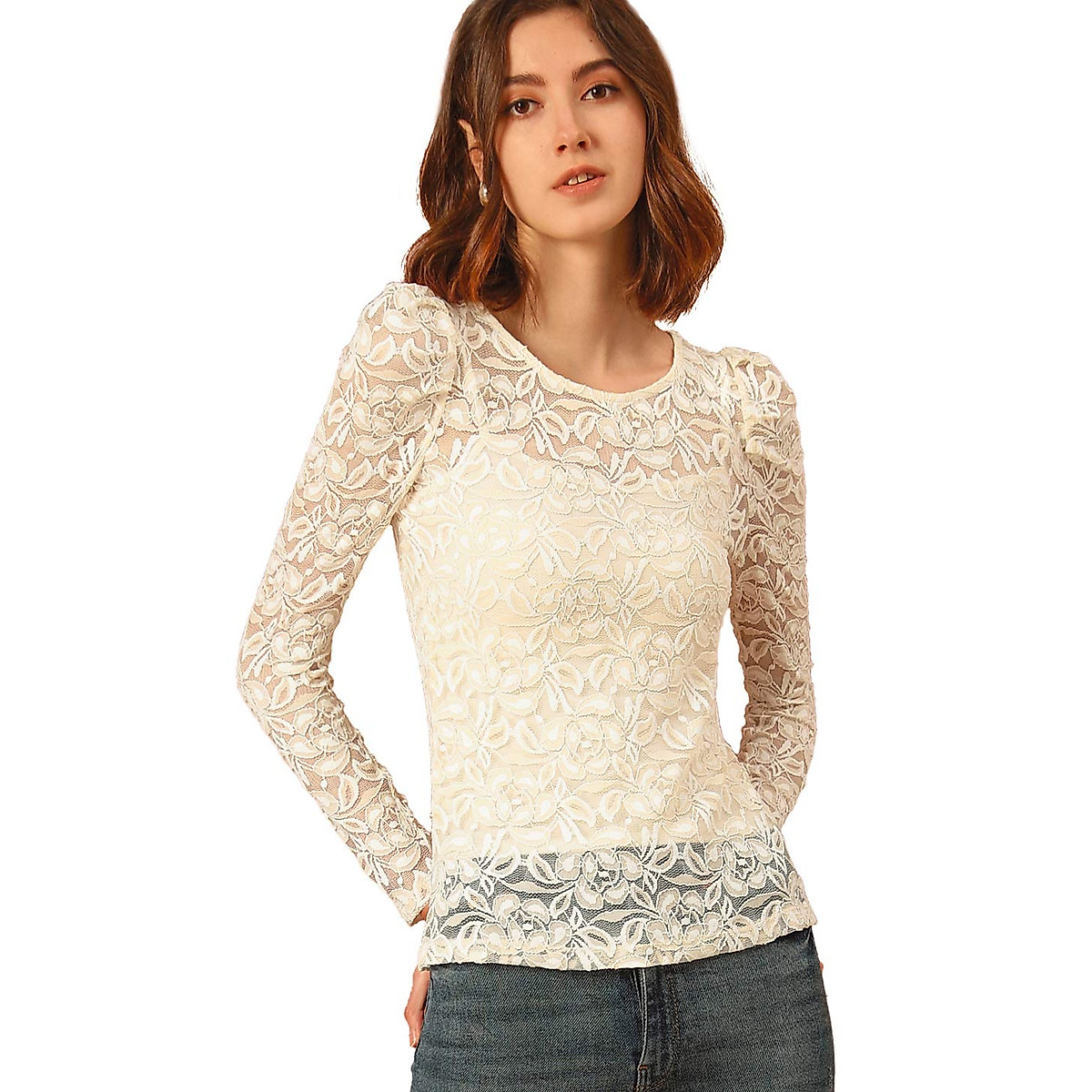 Allegra K Women's Long Sleeve Lace Top Mesh Sheer Fitted Elegant Blouse X-Large Beige