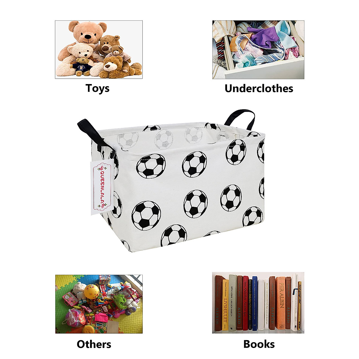 QUEENLALA Rectangular Laundry Hamper/Foldable Nursery Laundry Basket for Organizing/Storage Bin Baskets/Children Toy Office Bedroom/Toy Bin Closet Shelf Baskets（Rec-Football）