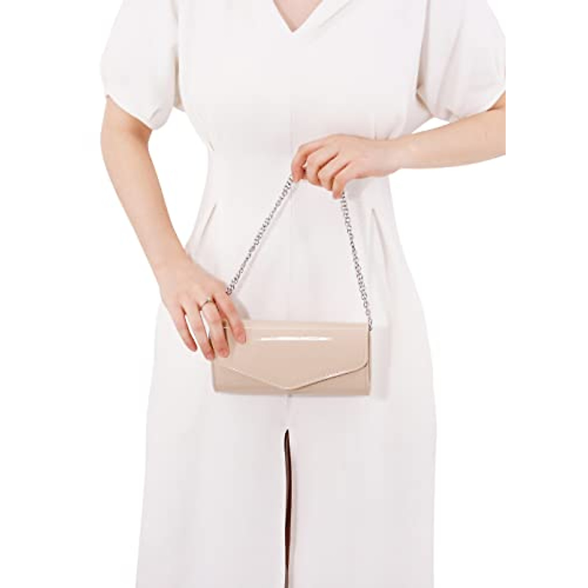 jascaela Women's Patent Leather Envelope Evening Clutch Purses Solid Color Casual Mini Crossbody Bag - Nude