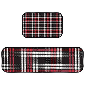 Vantaso Kitchen Floor Mat Rug Red Plaid Checkered Tartan Set of 2 Cushioned Non-Slip Comfort Runner Rugs