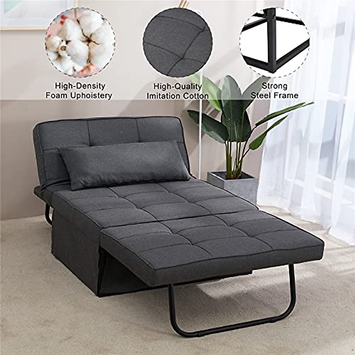 Mdeam Sleeper Chair Bed Sofa Bed 4 in 1 Multi-Function Folding Ottoman Bed with Adjustable Backrest for Small Apartment/Living Room,No Installation(Dark Gray)