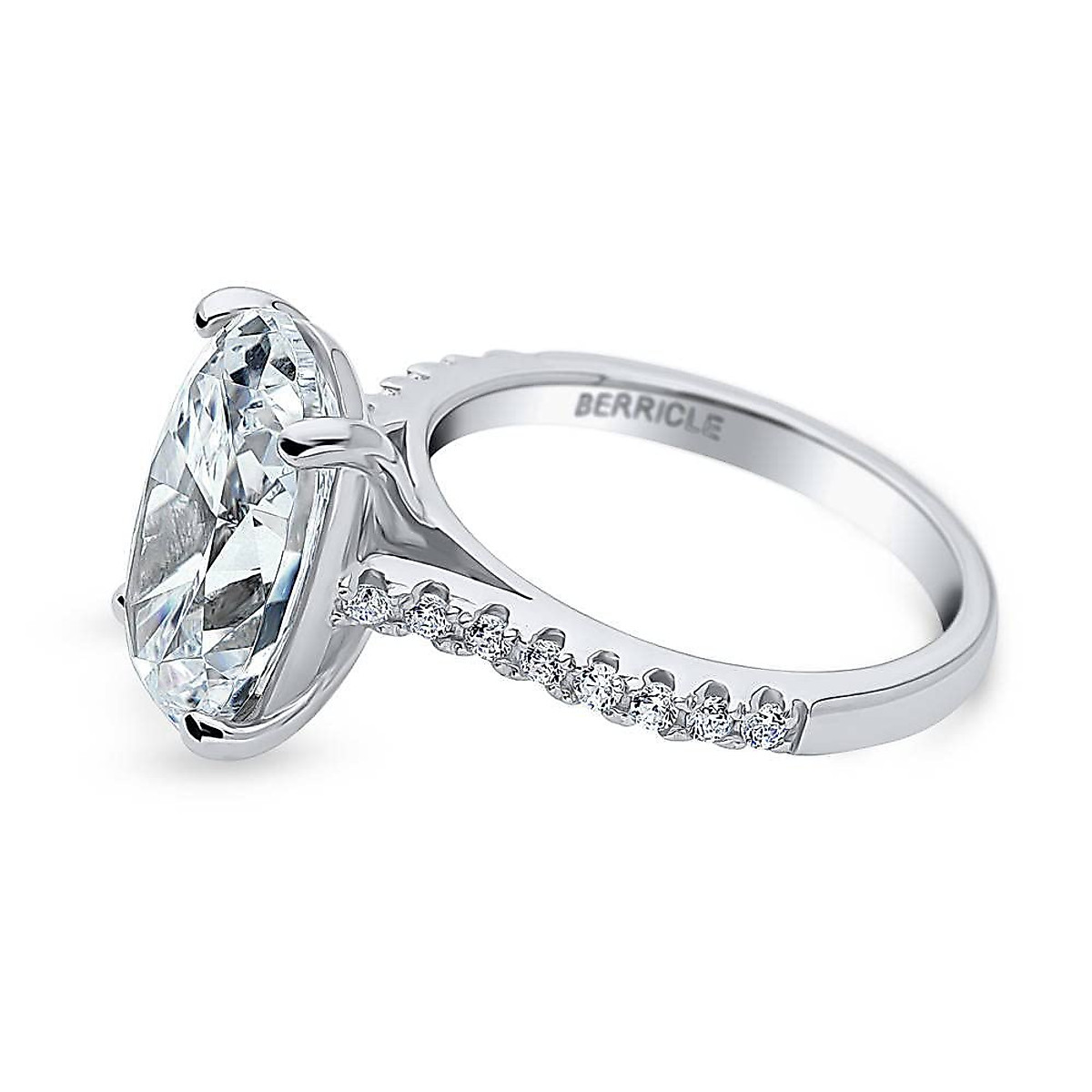 BERRICLE Sterling Silver Solitaire Wedding Engagement Rings 5.5 Carat Oval Cut Cubic Zirconia CZ Statement Cocktail Ring for Women, Rhodium Plated Size 4.5
