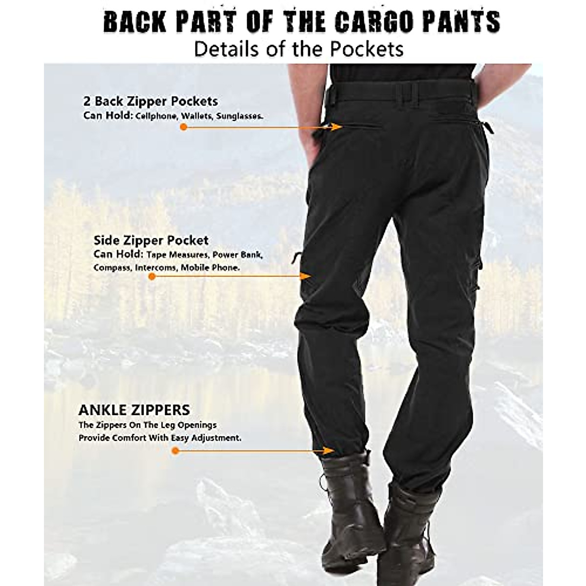 AKARMY Men's Work Pants, Cargo Pants for Men, Straight Tactical Pants, Work Travel Casual Pant with Multi Zipper Pockets 9920 Black 38