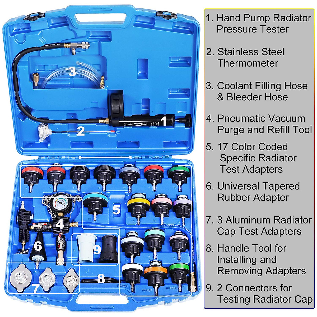 JIFETOR Radiator Coolant Pressure Tester Vacuum Refill Tool Kit, 28PCS Automotive Cooling System Leak Test and Pneumatic Purge Fill Set with Testing Adapter Caps Universal for Airlift Car Auto Truck