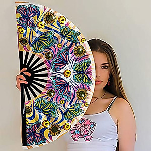 Raveahem UV Glow Rave Fan, Bamboo Folding Clack Hand Fan for Men Women (Butterfly, Large 13")
