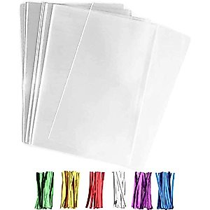 100 pcs Clear 4" x 10"(10x25.5cm) Flat Cello Cellophane Bags Poly Treat Bags mils for Gift Wrapping, Bakery, Cookie, Candies, Toast, Dessert, Party Favors Packaging with Color Twist Ties!