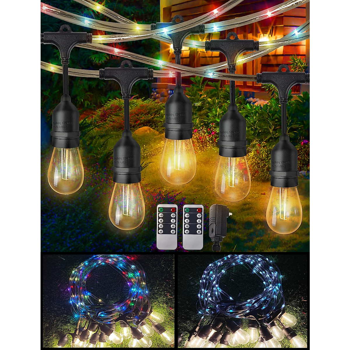 CLASShine 48ft RGB & White Outdoor String Lights Dimmable with Remote, Patio Lights Waterproof, Timer, 15 Hanging Sockets, 15+3 Edison LED Shatterproof Bulbs, Deck Porch Fence Decoration