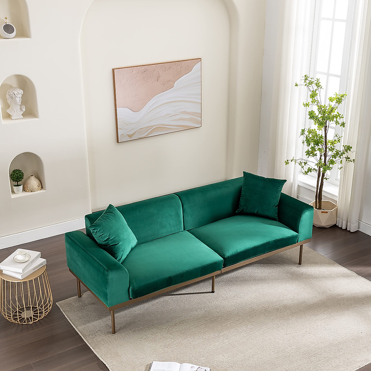 FIQHOME Upholstered Velvet, Modern Metal Legs,Loveseat Sofa Couch with Two Pillows for Living Room and Bedroom (Green)