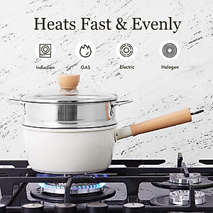 ROCKURWOK Ceramic Nonstick Sauce Pan with Lid, 2 Quart Cooking Pot, Small Saucepan with Steamer, PTFE & PFAS-Free, Wooden Handle for Cool Touch, Universal Base(Gas, Electric & Induction), White