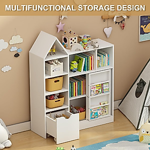 MilleLoom 47'' Kids Toy Storage Organizer & Bookshelf, Floor Storage Cabinet Toy Chest with Movable Drawers, Bookshelf with Storage Cubbies Toy Box, for Playroom, Bedroom, Classroom, Library, White