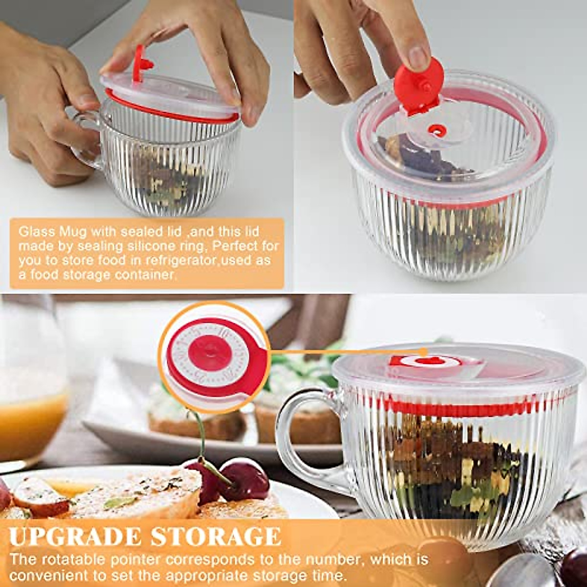 OULOVECO Glass Cereal Bowl Clear Oatmeal Bowl with Handle Spoon,Glass Coffee Mug with Lids Milk Breakfast Bowls Yogurt Bowl for Latte Tea Microwave Safe,400ml/13.5 oz,Set of 2