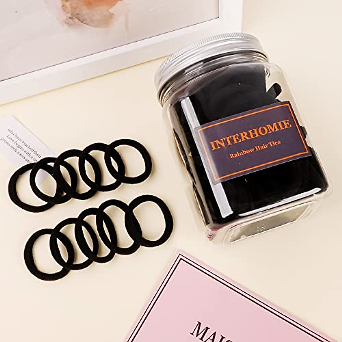 Hair Ties - Thick Seamless Cotton Hair Bands for Women Ponytail Holders Hair Ties for Thick Hair No Crease Damage (100&Black)