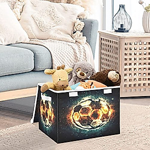 Krafig Burning Soccer Ball Foldable Storage Box Large Cube Organizer Bins Containers Baskets with Lids Handles for Closet Organization, Shelves, Clothes, Toys