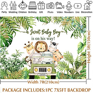 Avezano Jungle Safari Baby Shower Backdrop Safari Animals Boy Baby Shower Party Background Decorations Tropical Green Leaves Safari Oh Baby Shower Banner Supplies(7x5ft)