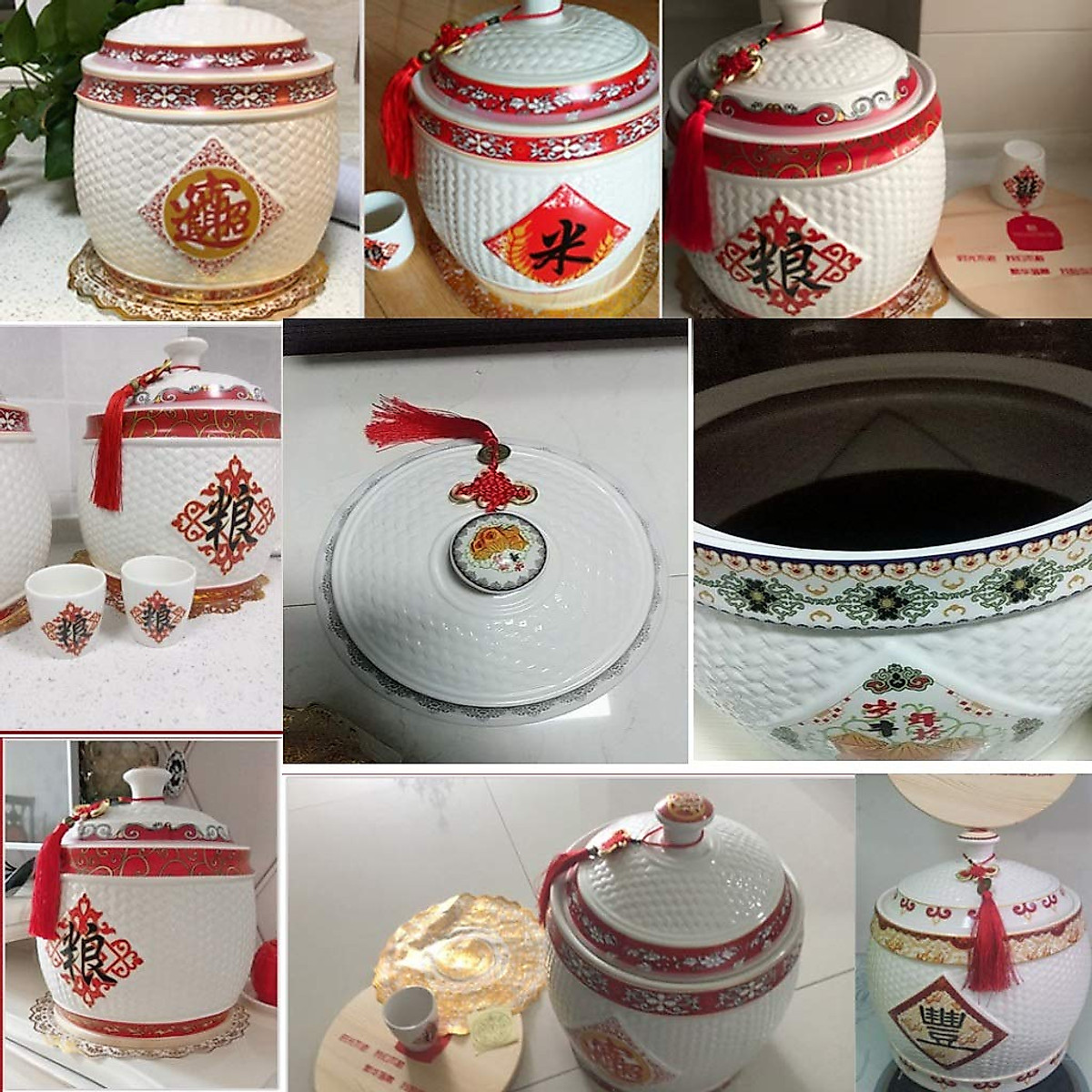 DXYLFFF Classic Food Dispensers Ceramic Rice Bucket with Tassel Design, Household Rice Storage Box with Lid, Chinese Sealed Large-Capacity Rice Pot, 4-12.5KG/141-441 OZ