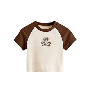 SweatyRocks Women's Graphic Print Round Neck T Shirt Short Sleeve Crop Tee Tops Mushroom Brown L