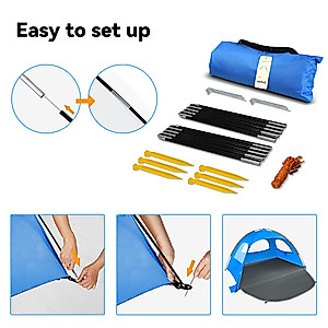 MIRUS Beach Tent, 2-3 Person Sun Shade Shelter with UPF50+ Protection Extended Floor & 3 Ventilating Roll Up Windows Carrying Bag Stakes and Tiedown Strings, Sky Blue