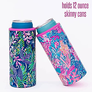 Lilly Pulitzer Slim Can Cooler, Double Wall Stainless Steel, Insulated Drink Sleeve for 12 Oz Skinny Bottles and Seltzers, Splendor in the Sand