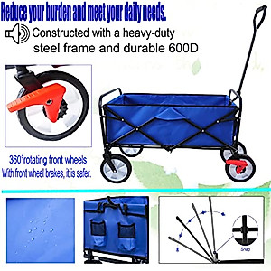 Wagon Cart with Wheels Foldable,Utility Garden Cart,Utility Collapsible Folding Wagon with Heavy-Duty Steel Frame,Camping Folding Wagon,Trolley Cart for Garden,Outdoor Travel (Blue)