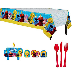 Mega Sesame Street Elmo Party Supplies with Tableware, Candle, Cutlery, Birthday Banner , Decoration for 16 by AMSCAN
