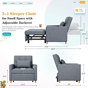 YODOLLA Sleeper Chair, 3 in 1 Chair Bed for Adults, Pull Out Sofa Chair with Pillow and Convertible Backrest, Multi-Functional Fold Out Futon Chair Reading Chair for Small Space (Dark Grey)